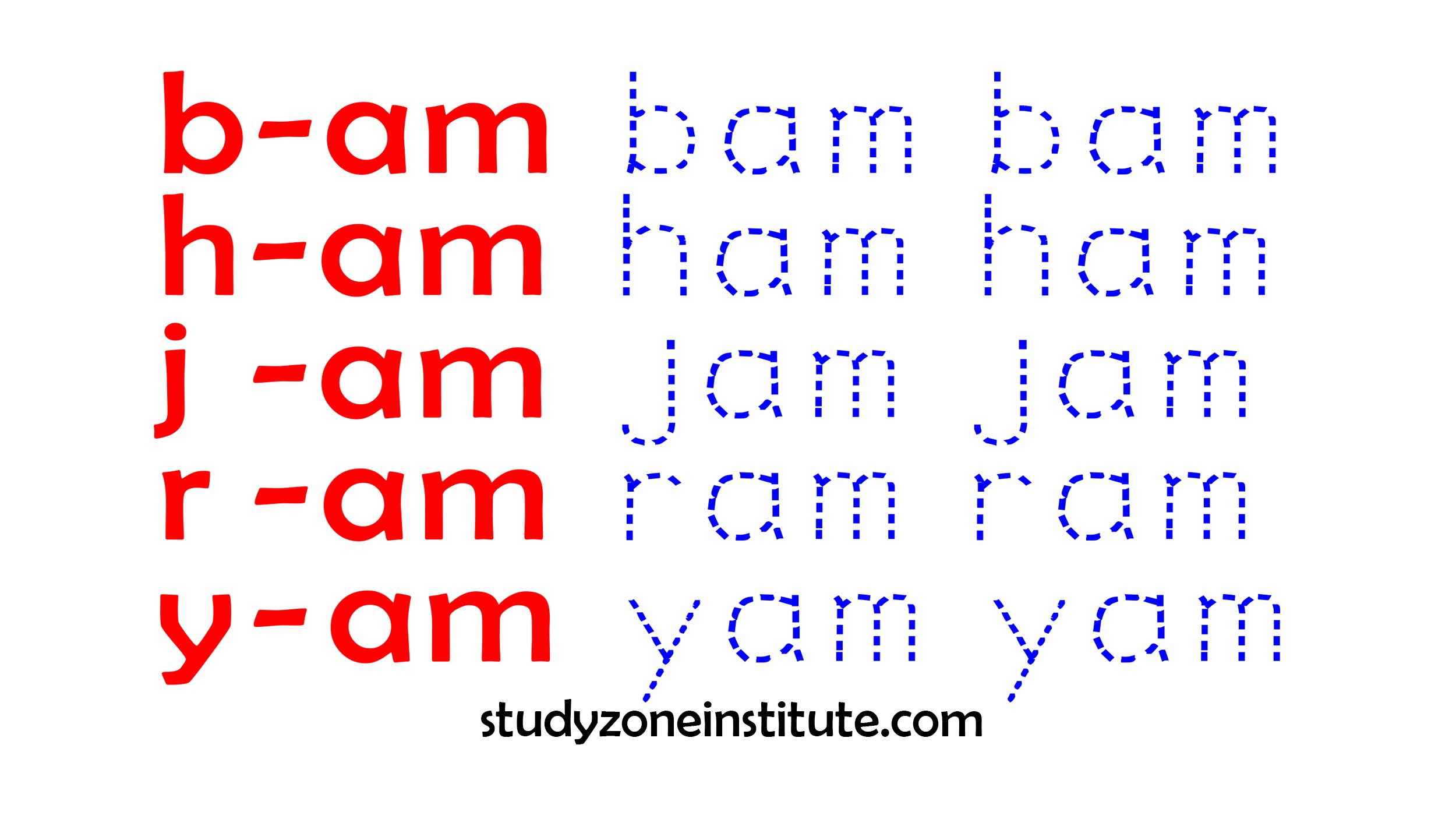 Words -am: Download 5 free worksheets to trace - Study Zone Institute