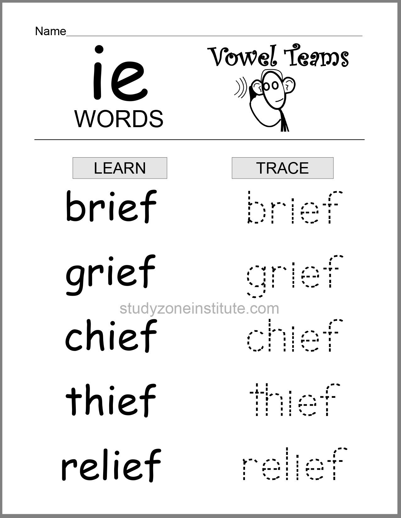 IE Words vowel team worksheet brief - Study Zone Institute