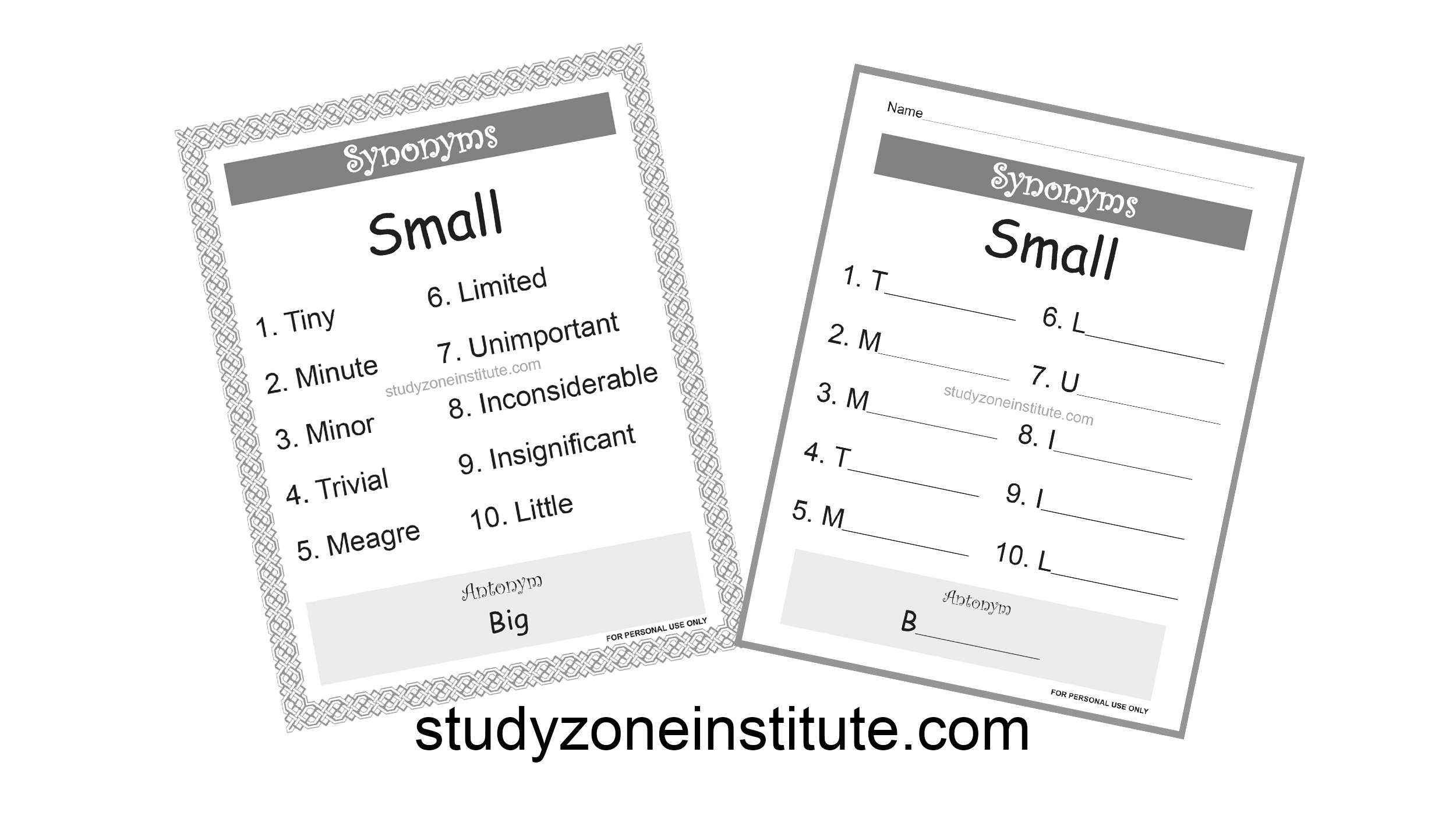 Small synonyms: Download FREE poster and worksheet - Study Zone Institute