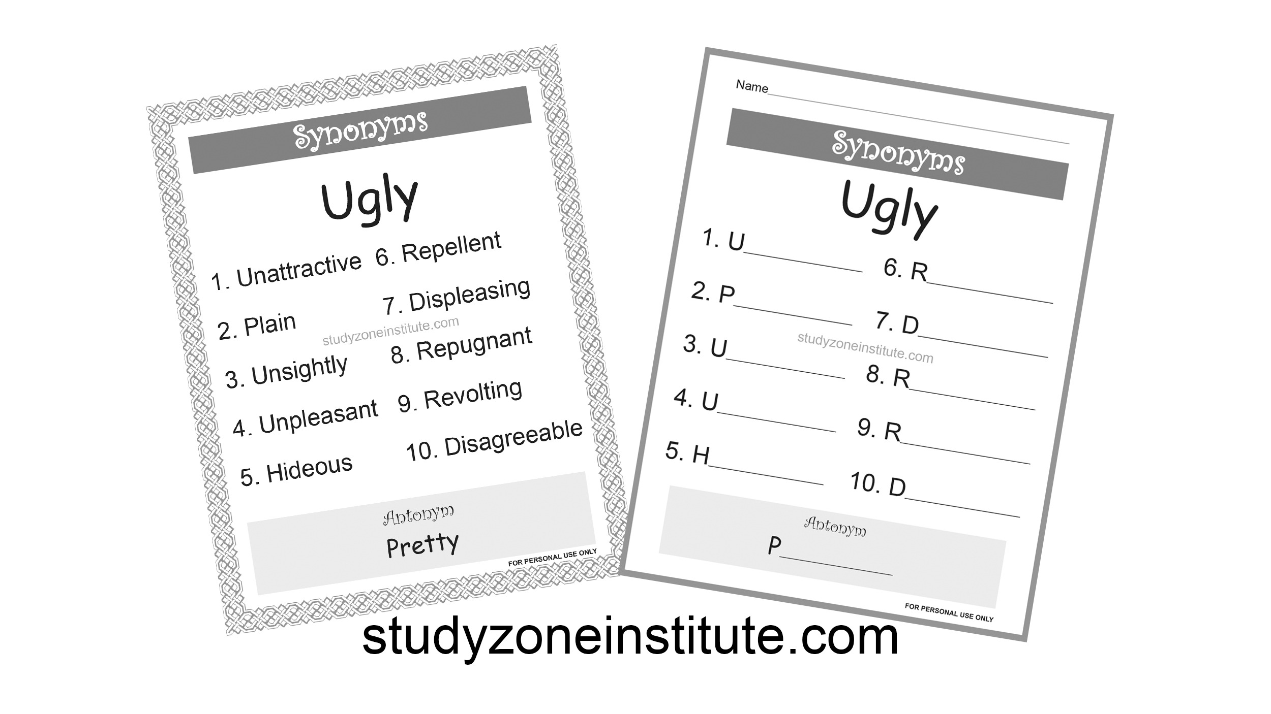 Ugly synonyms: Download FREE poster and worksheet - Study Zone Institute
